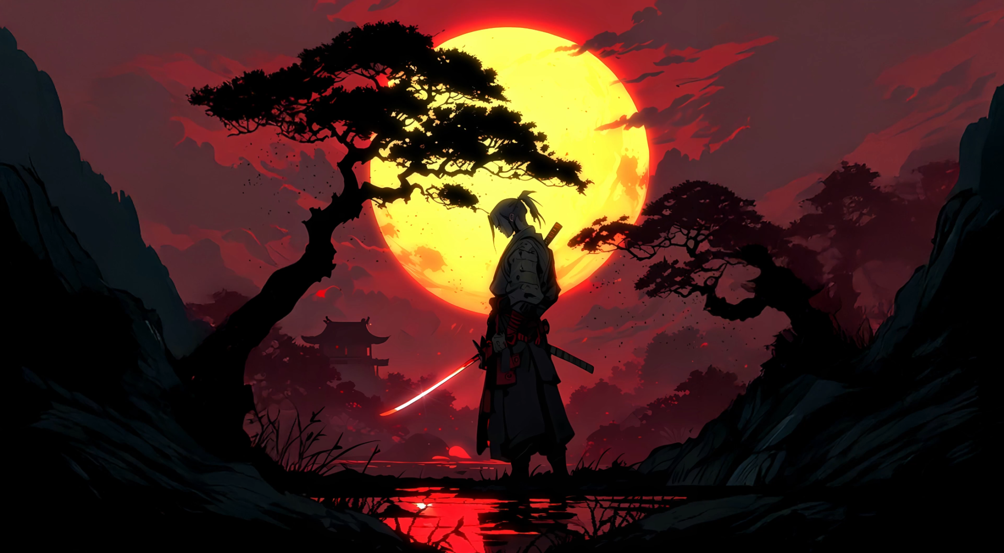 Samurai of Red Reflections Beautiful 4K Live Wallpaper